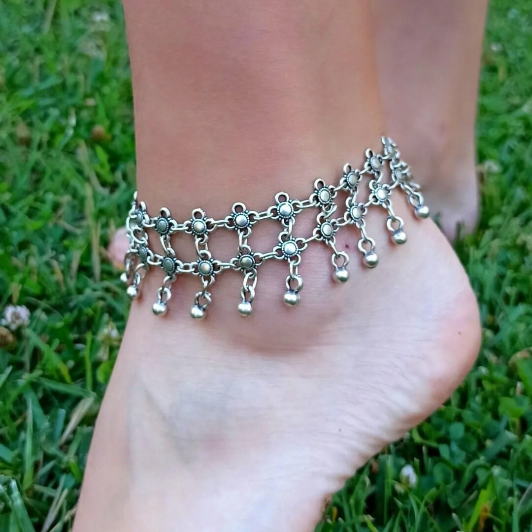 Silver Dangle Boho Beaded Anklet Double Row Bead Anklet Women Bracelet Siver Dangle Anklet