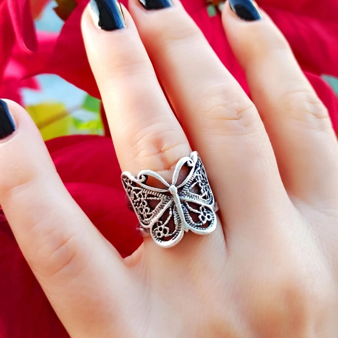 Sterling Silver Butterfly Ring: Adjustable Gothic Charm Ring - Etsy