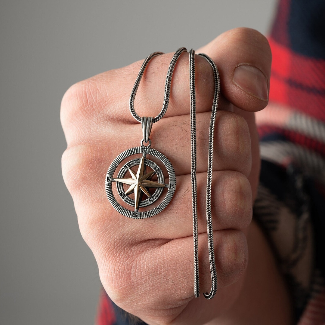 Men Compass Necklace Engraved Compass Silver Necklace Compass Mens Necklace Compass Necklace For