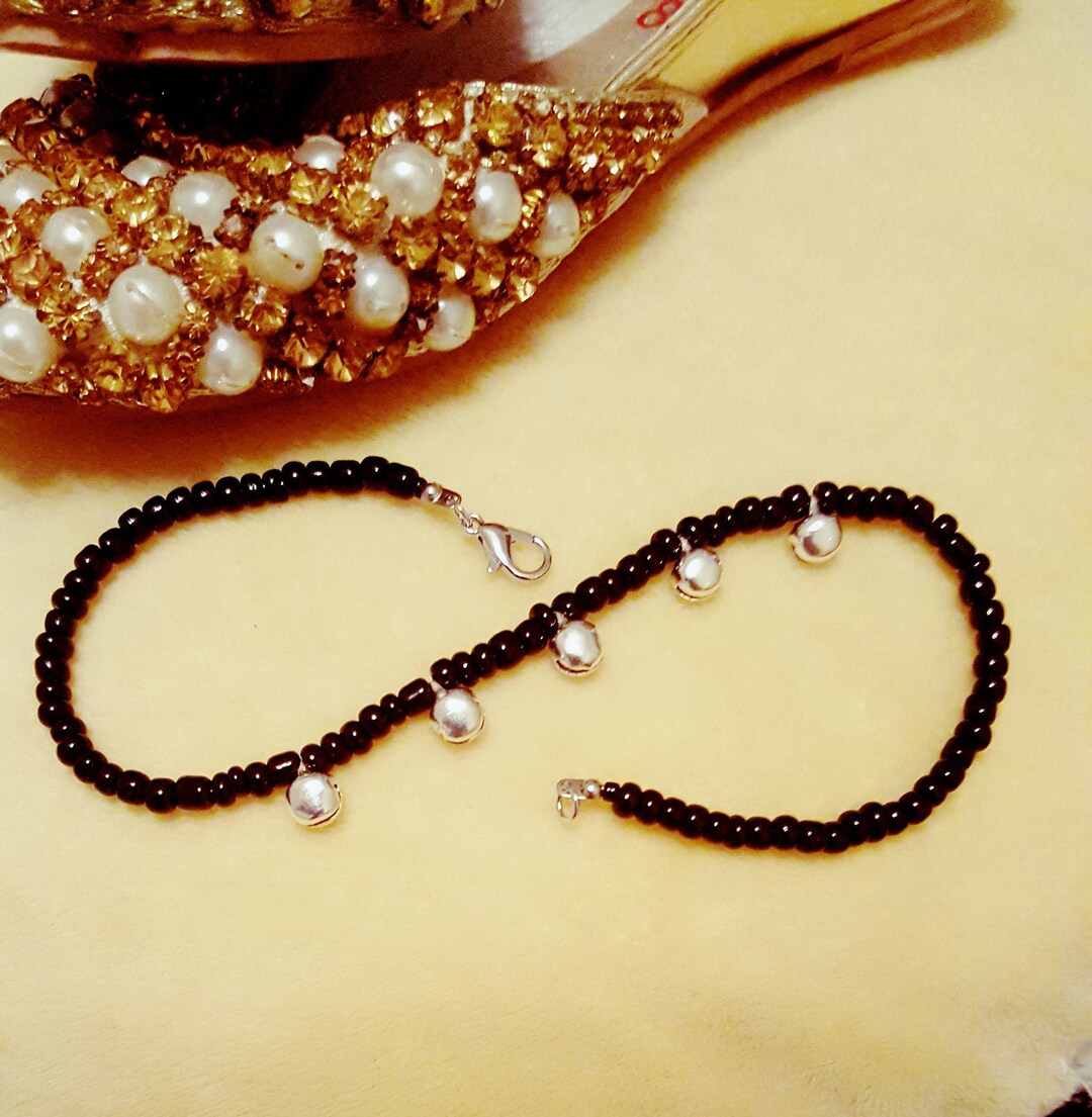 Beaded Jingling Black Anklet, Seed Bead Anklet, Cute Gift, Jingle Charm ...