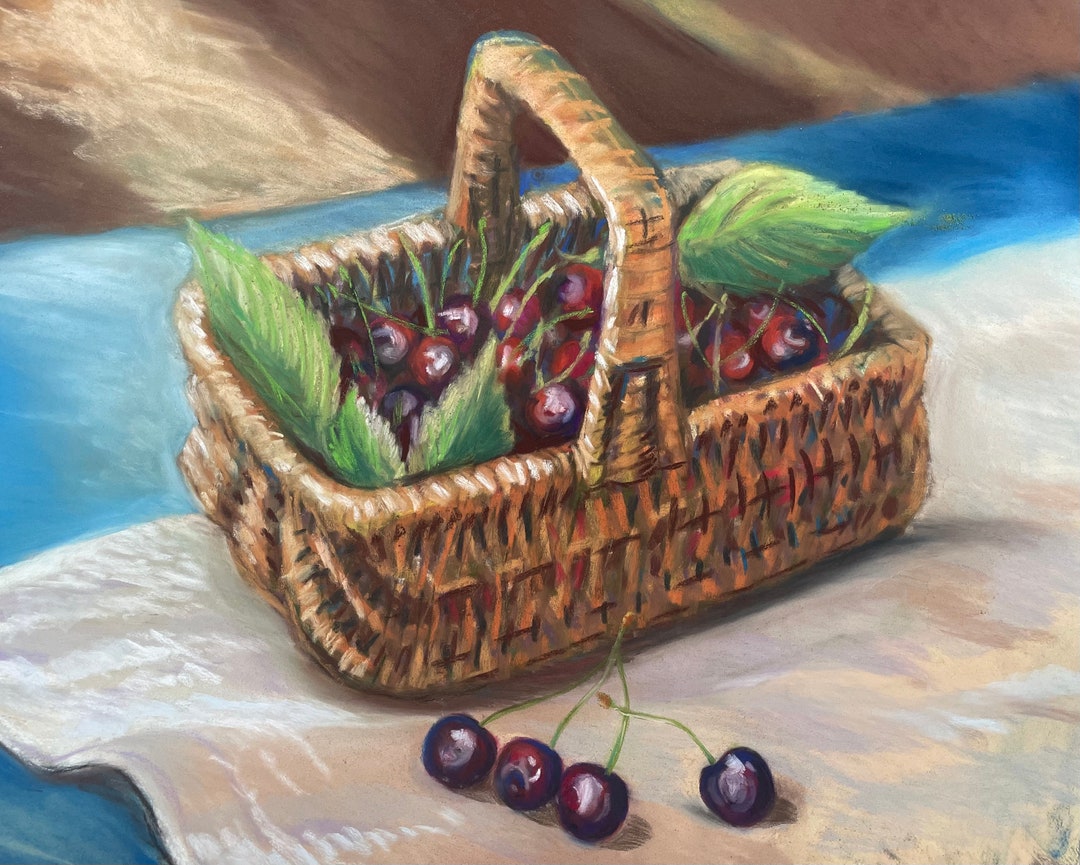 Small Cherry Basket Art Drawing in Dry Pastel - Etsy
