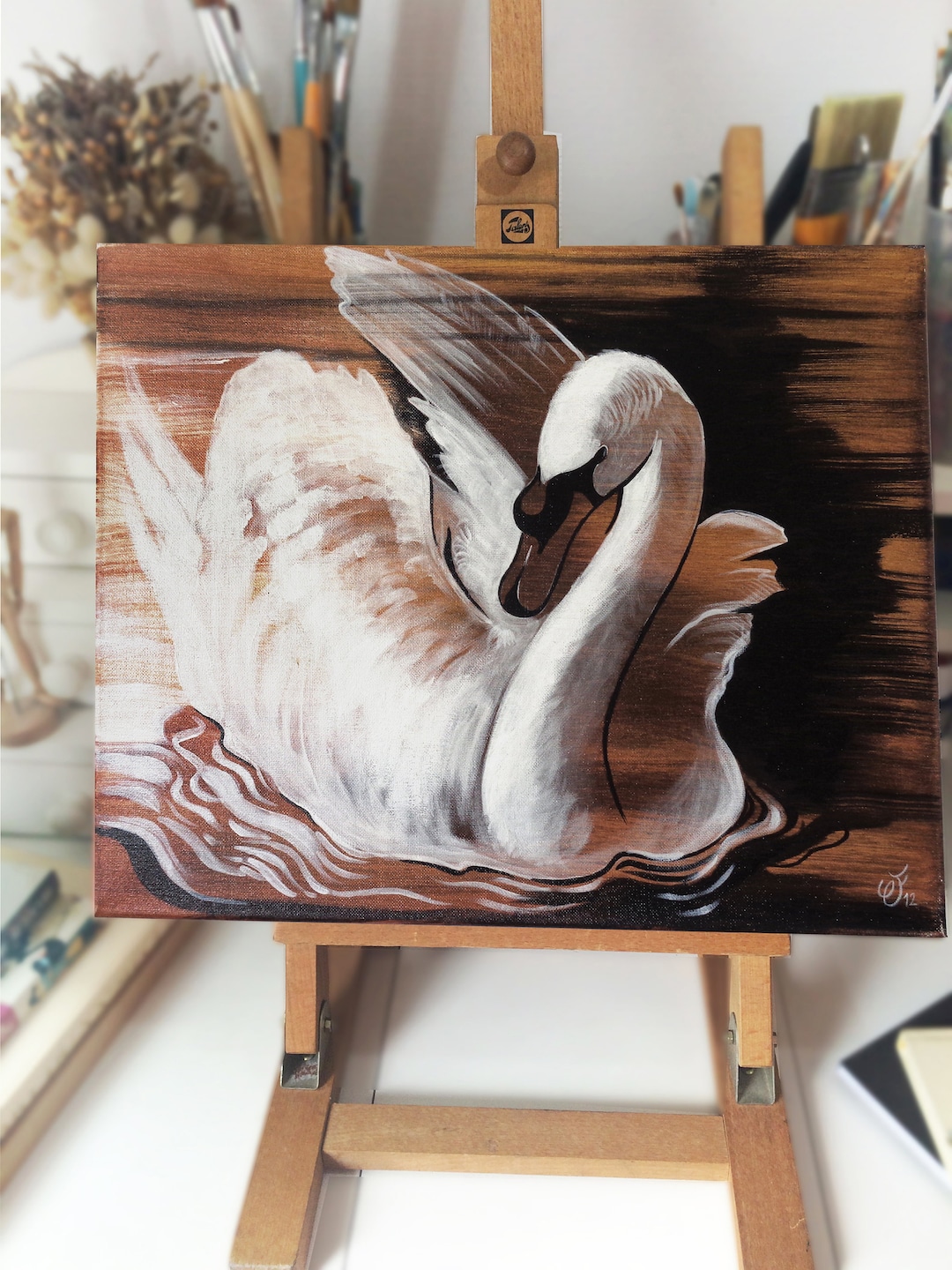 Pintura acrílica sobre lienzo obra de arte animal Cisne en majestad ...