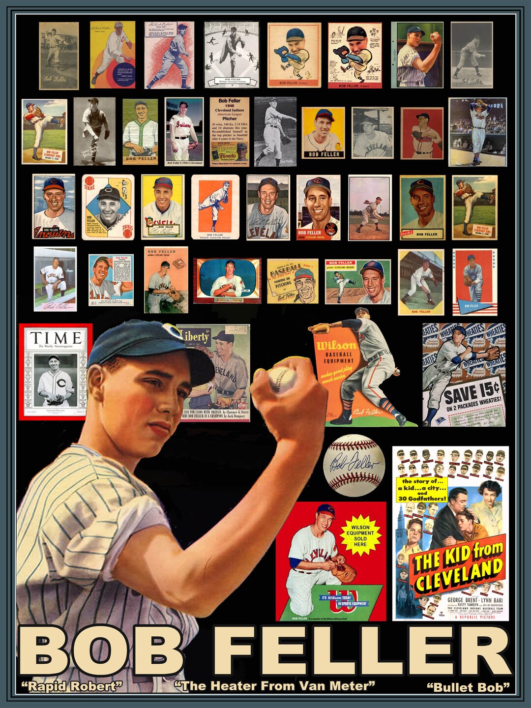 18"x24" Bob Feller Baseball Card Full Color Poster Cleveland Baseball ...