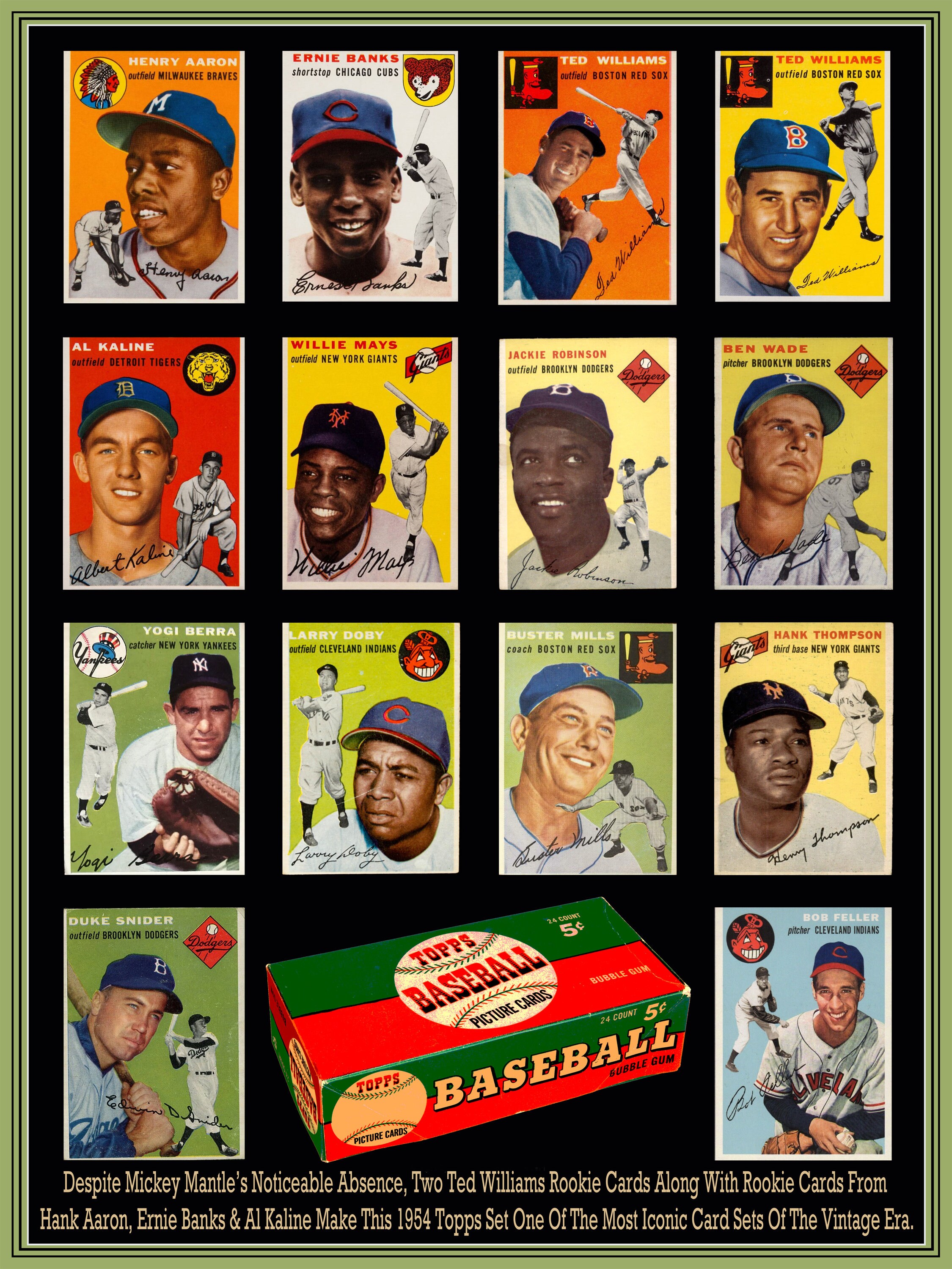 1954 Topps Baseball Cards Poster Hank Aaron, Ernie Banks, Ted Williams ...