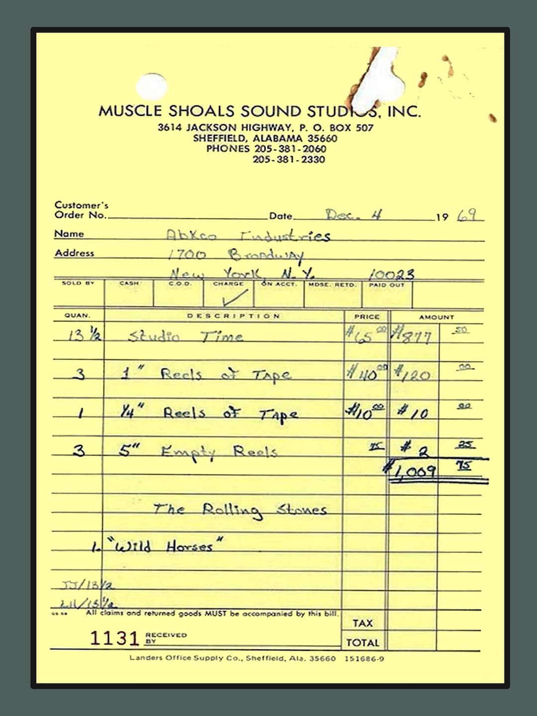 Rolling Stones Muscle Shoals Recording Session Receipt Reproduction ...
