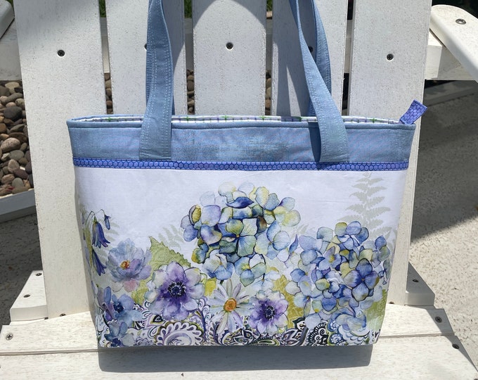 Blue Hydrangea Floral Print Shoulder Tote, Zippered Handbag, Fabric ...