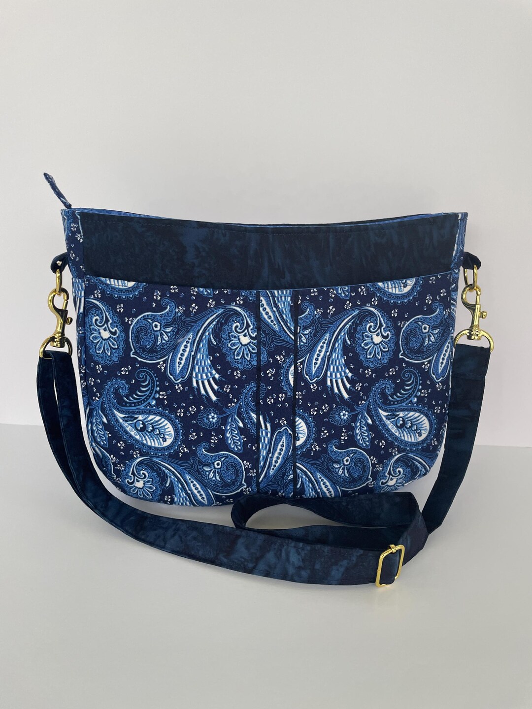 Navy Blue Paisley Print Shoulder Bag, Fabric Handbag, Multi Pocket ...