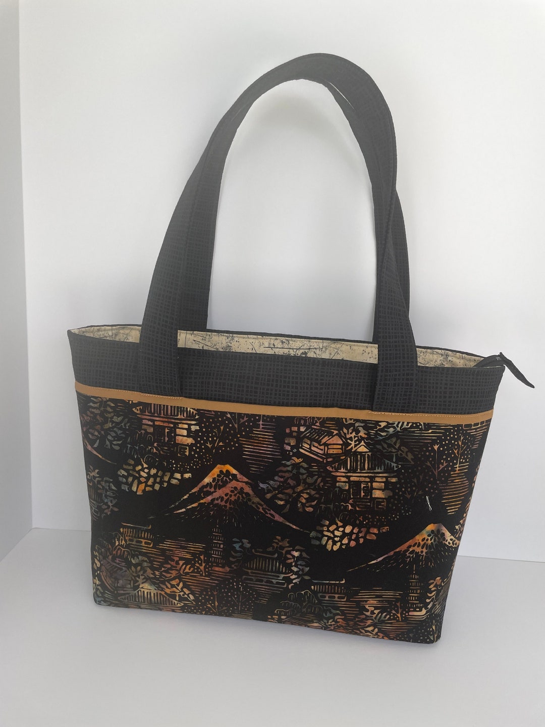 Black Batik Asian Motif Shoulder Bag, Zippered Tote, Fabric Handbag - Etsy
