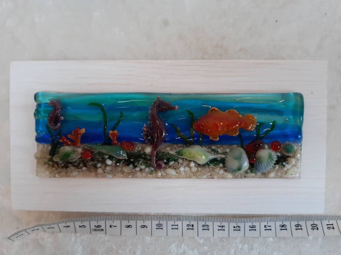 Fused glass Handmade sea scene on a wooden frame | Etsy