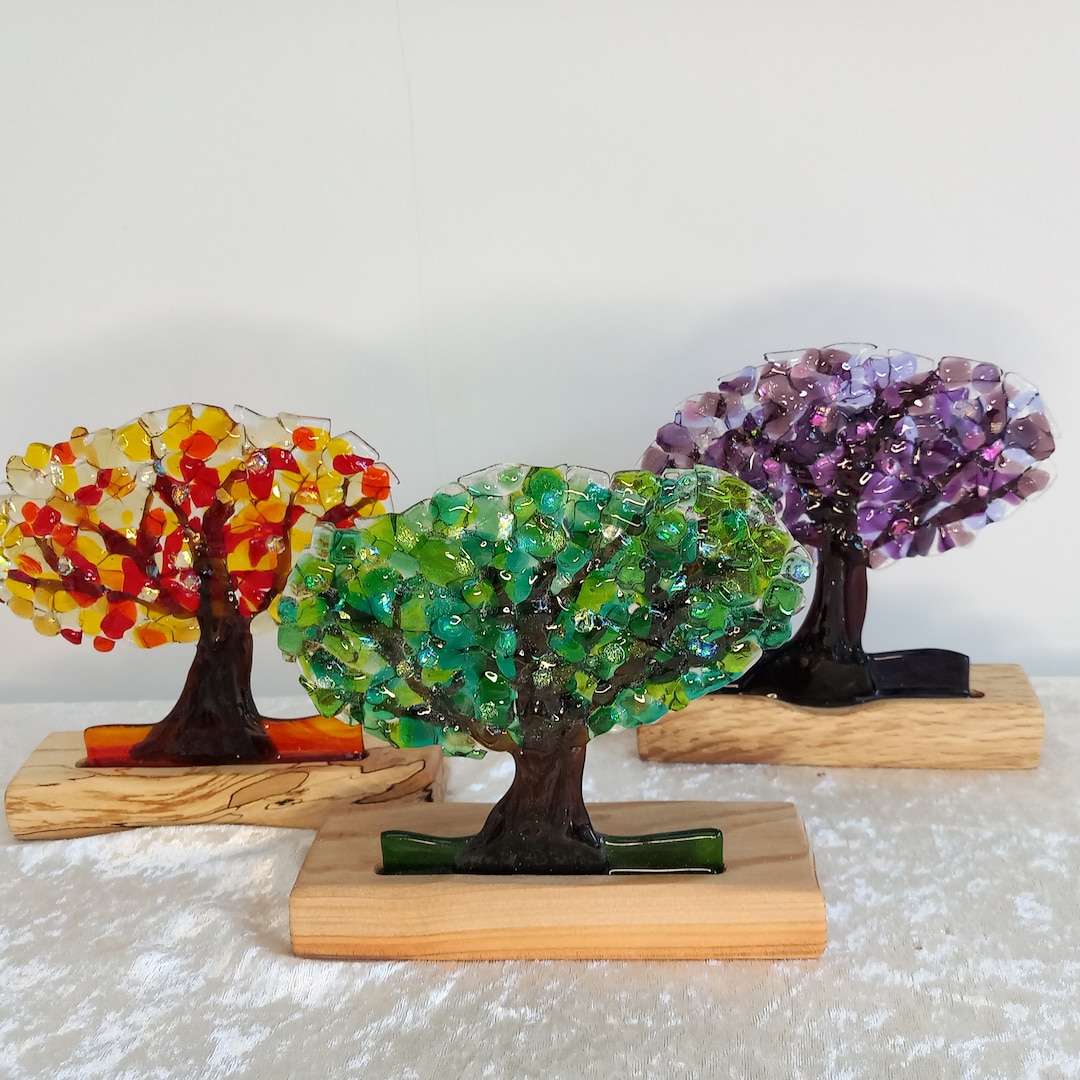 Fused Glass Tree in Wooden Stand Handmade - Etsy