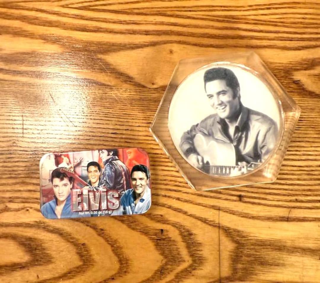 2 Vintage 1990s Elvis Presley Memorabilia Items: Mint Tin and Coaster ...