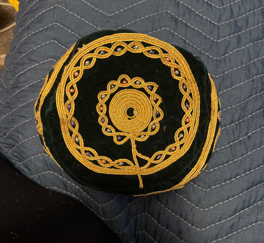 Vintage 1970s Kufi Topi Cap. Velvet. Beaded. Green / Teal With Gold ...