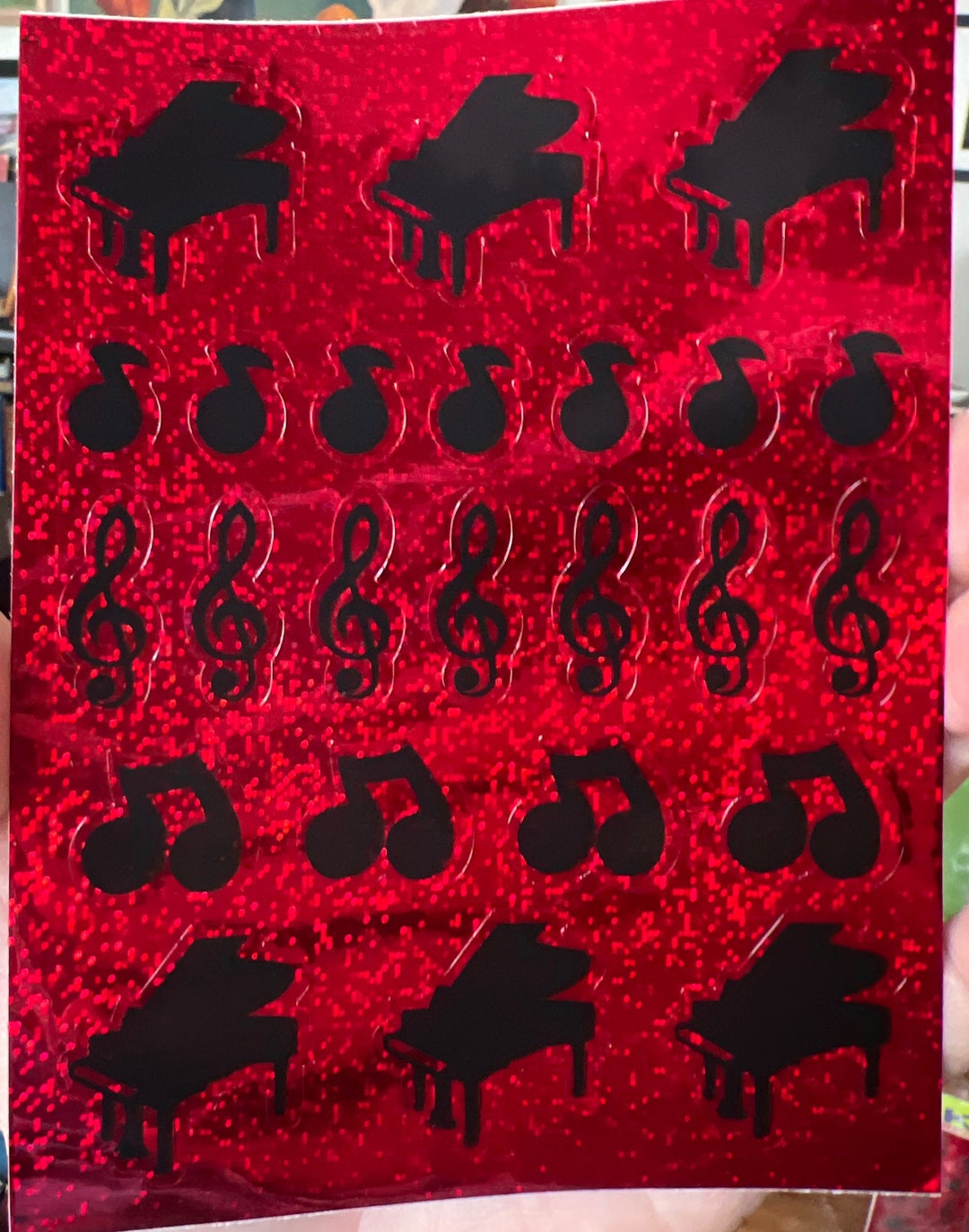 Vintage Glitter Red Musical Instruments Sticker Sheet. Piano Notes ...