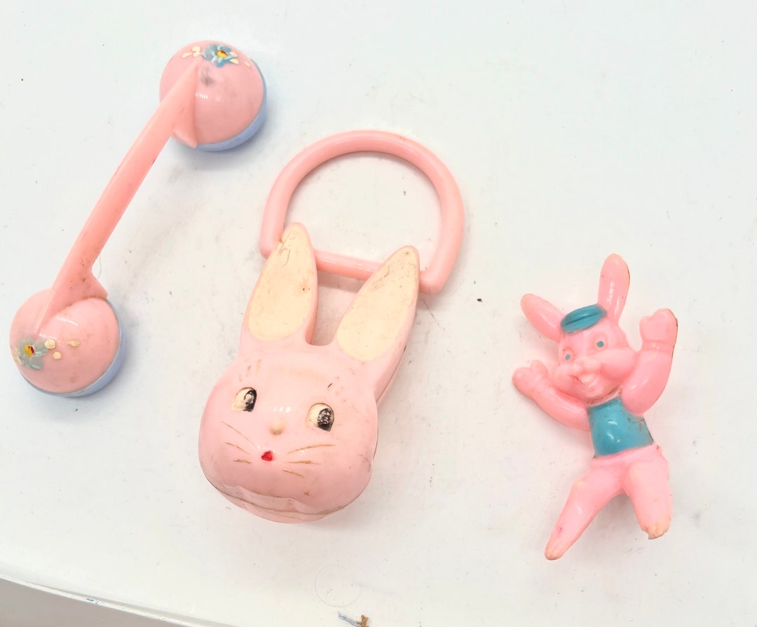 3 Vintage Pink Plastic Mid Century Baby Toys: Telephone Rattle, Bunny ...