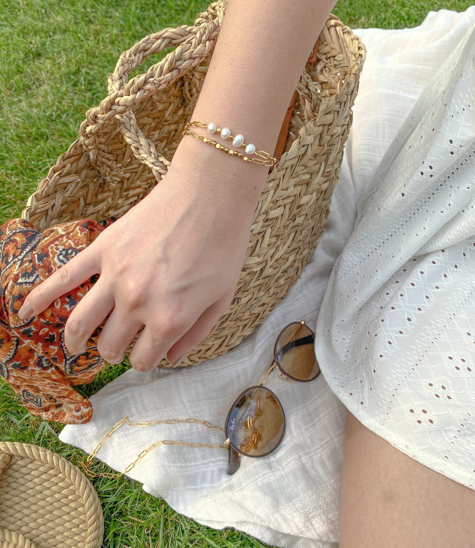 The Gilded Age Pearl Bracelet,adjustable Gold Plated Double Chain Bead ...