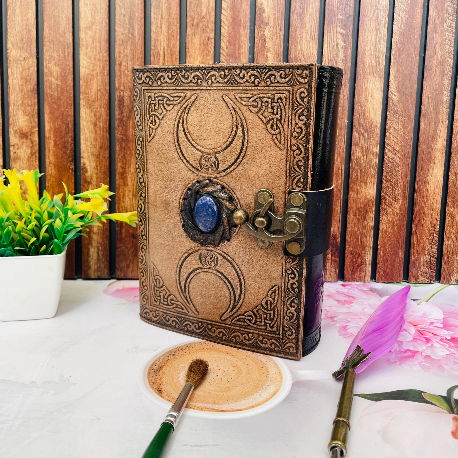 Antique Triple Moon Goddess Leather Journal Vintage Pages | Brass Locks ...