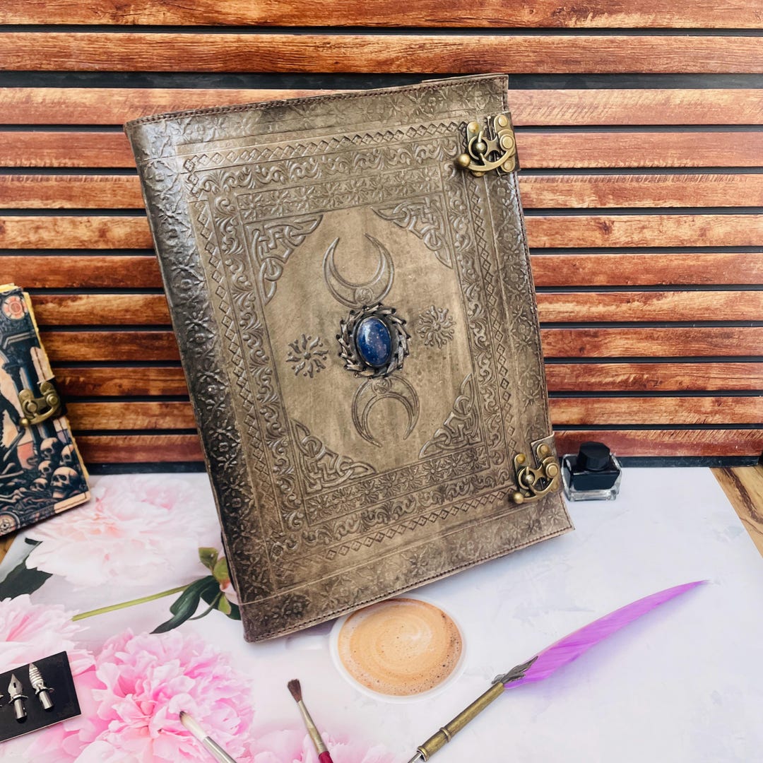 Triple Moon Goddess Leather Journal 13x10 Vintage Pages Blank Spell ...