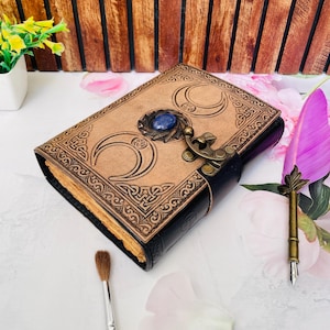 Antique Triple Moon Goddess Leather Journal Vintage Pages | Brass Locks ...