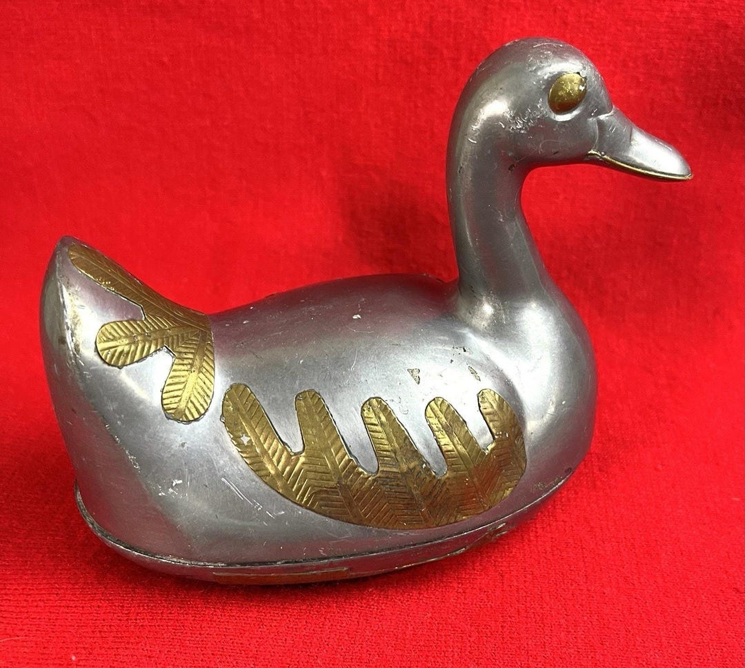Vintage Pewter & Brass Duck Trinket Box - Lidded Bird Figurine - Mid ...
