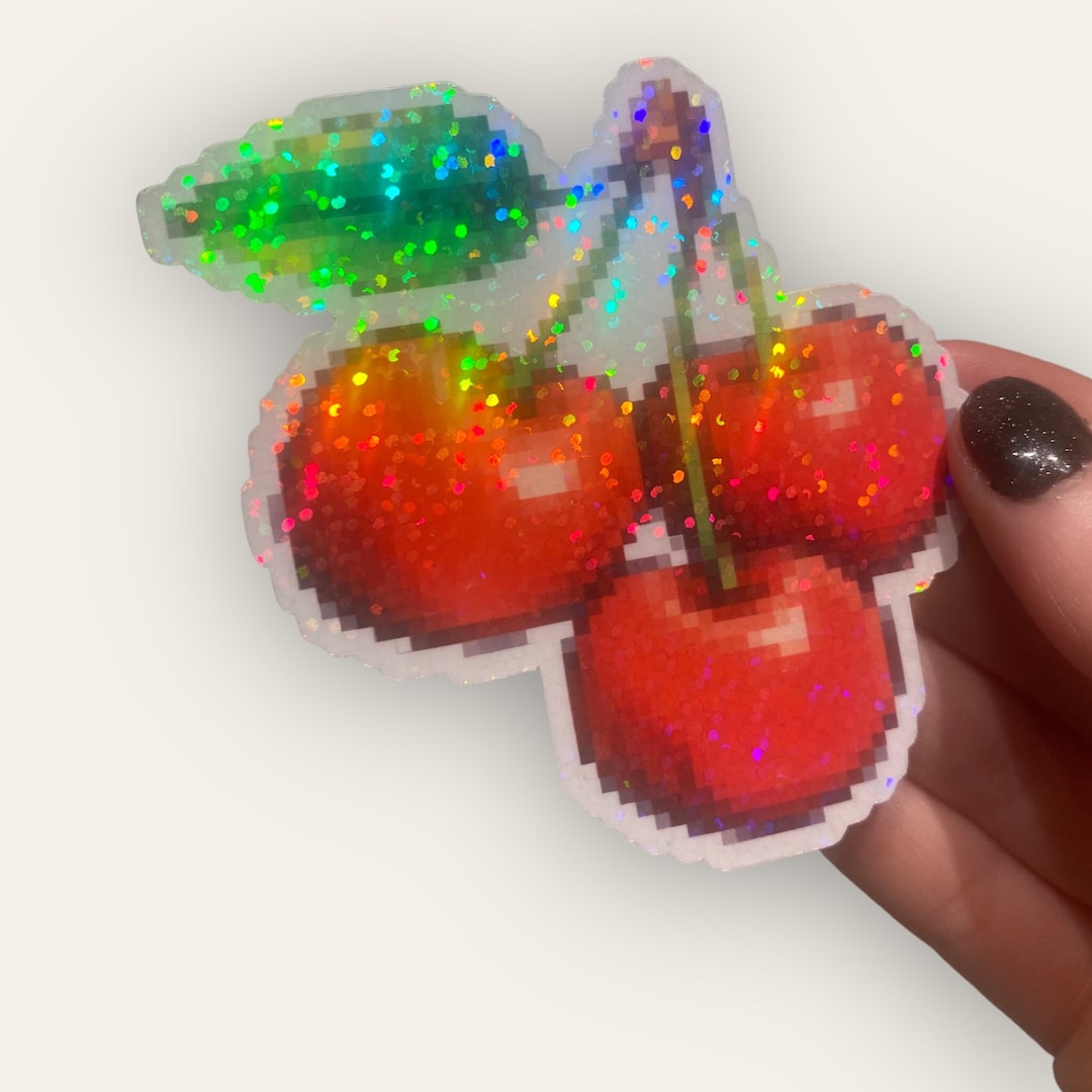 Sparkling Pixelated Cherries Holographic Vinyl Sticker - Shimmering ...