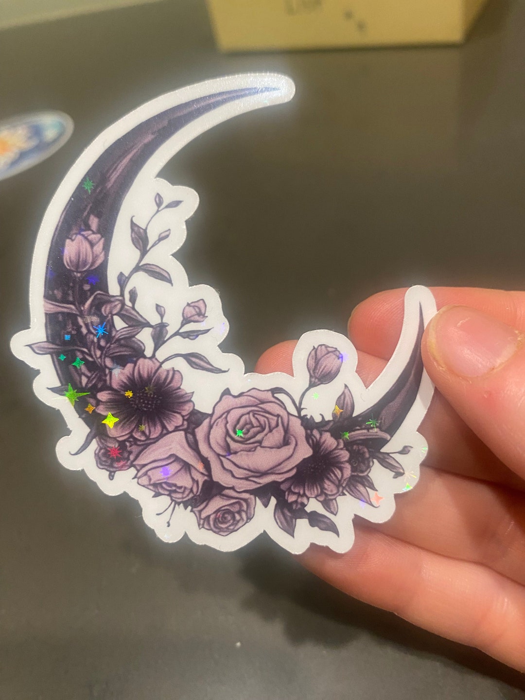 Gothic Crescent Moon Holographic Vinyl Sticker - Dark Floral Design ...