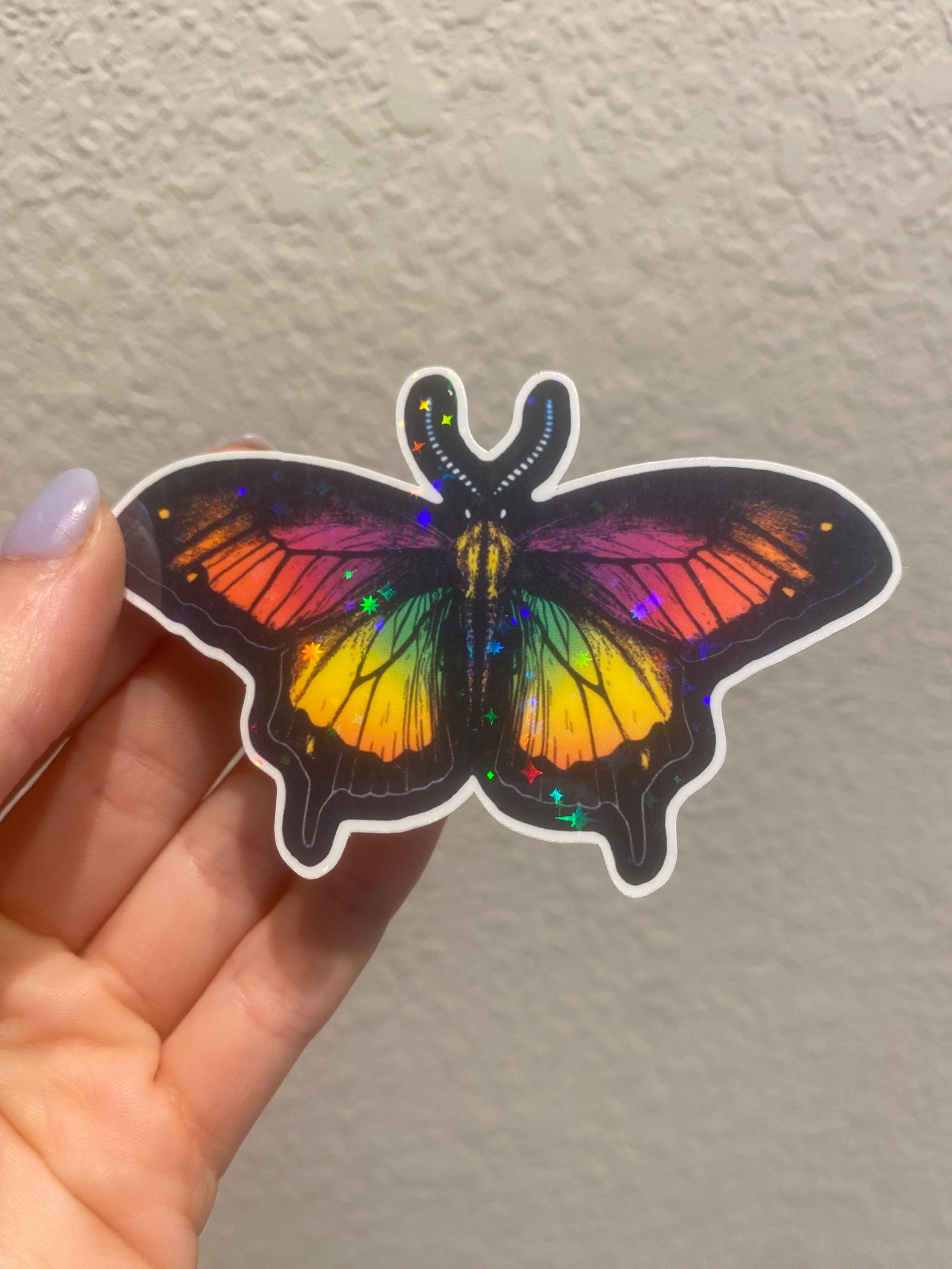 Rainbow Moth Holographic Vinyl Sticker - Black Accents, Starry Effect ...
