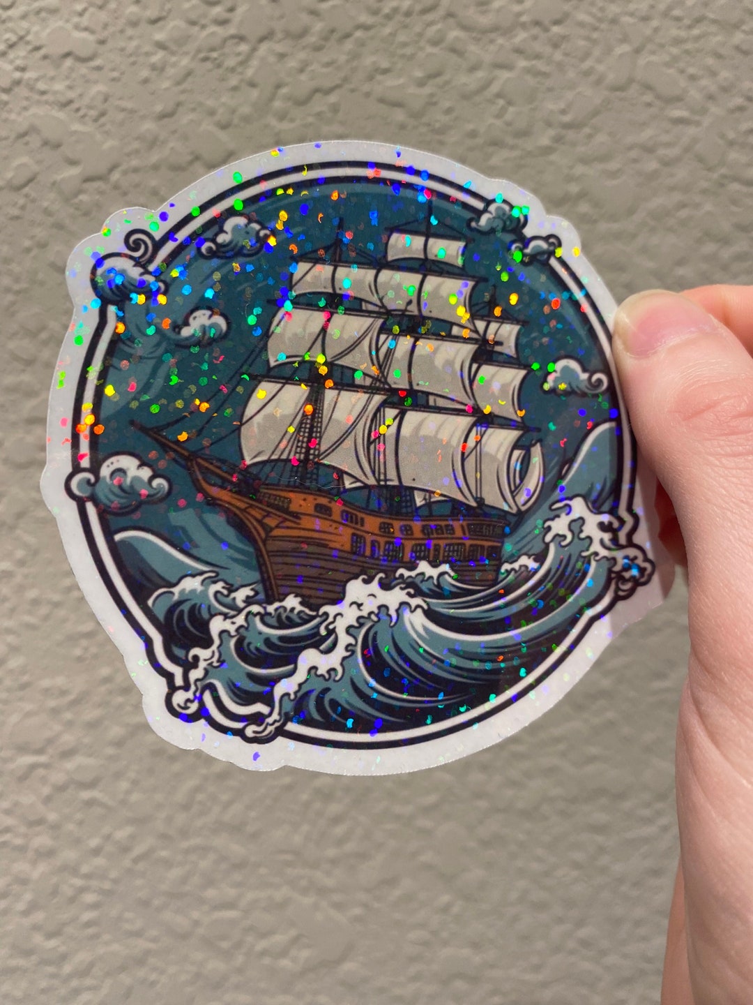 Stormy Seas Holographic Ship Vinyl Sticker - Holographic Sticker for ...