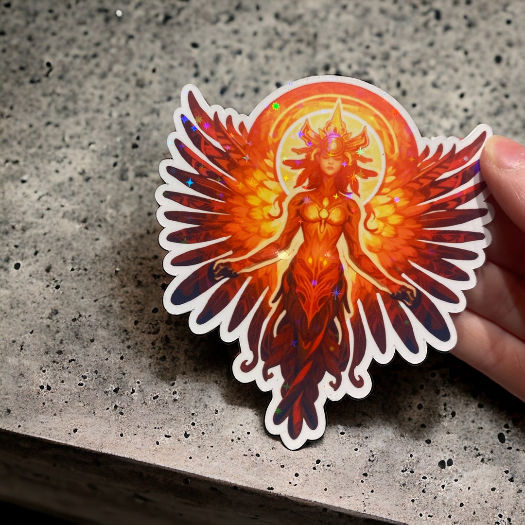 Astral Sun Goddess Holographic Sticker Phoenix Wings, Vibrant Orange ...