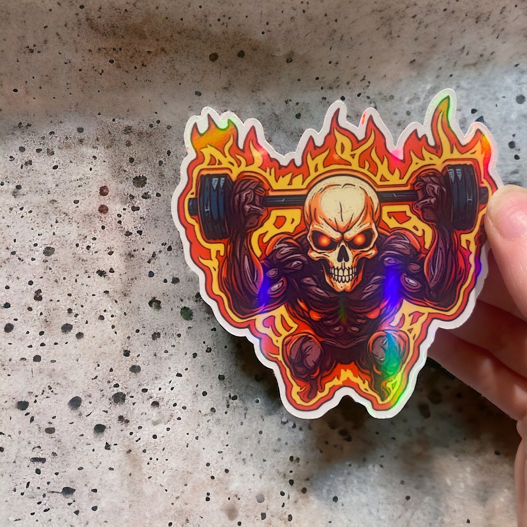Skull Squatting Weightlifter Sticker Fiery Design With Rainbow ...