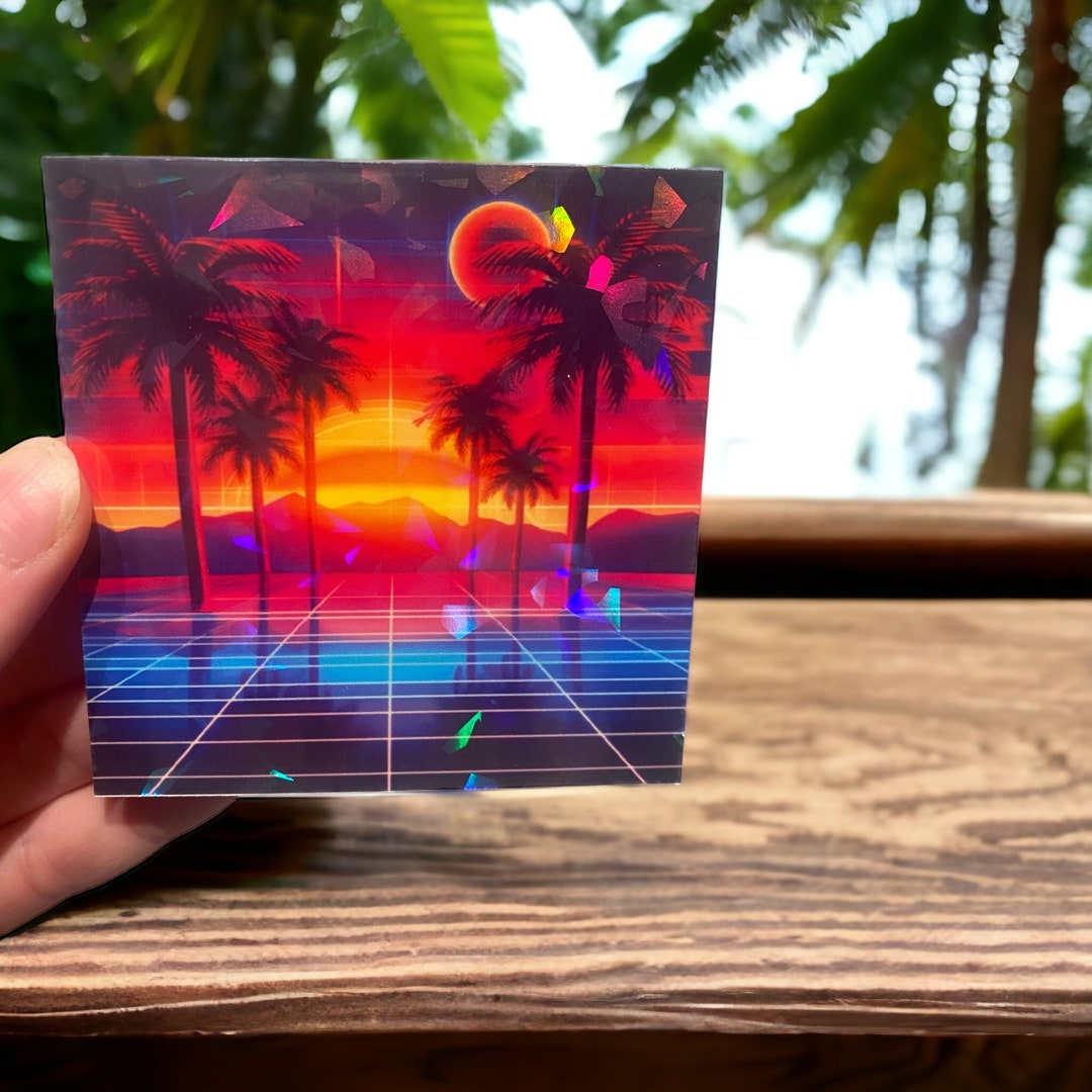 Synthwave Sunset Vinyl Sticker Neon Palm Trees Decal Broken Glass ...
