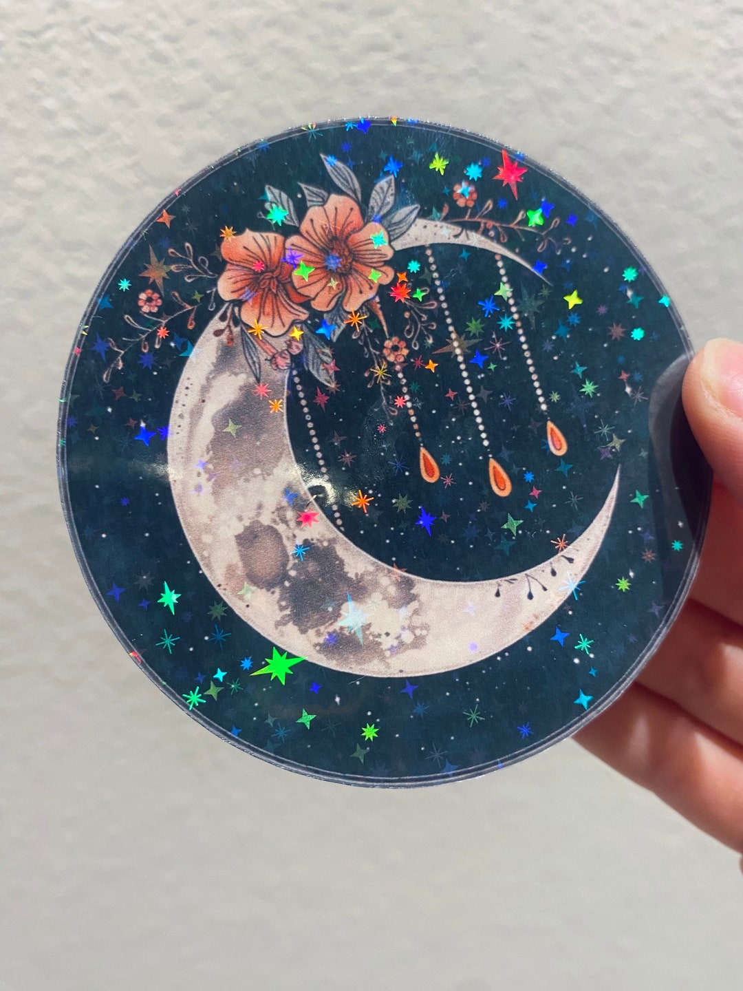 Floral Crescent Moon With Dangling Gems Holographic Sticker Starry ...