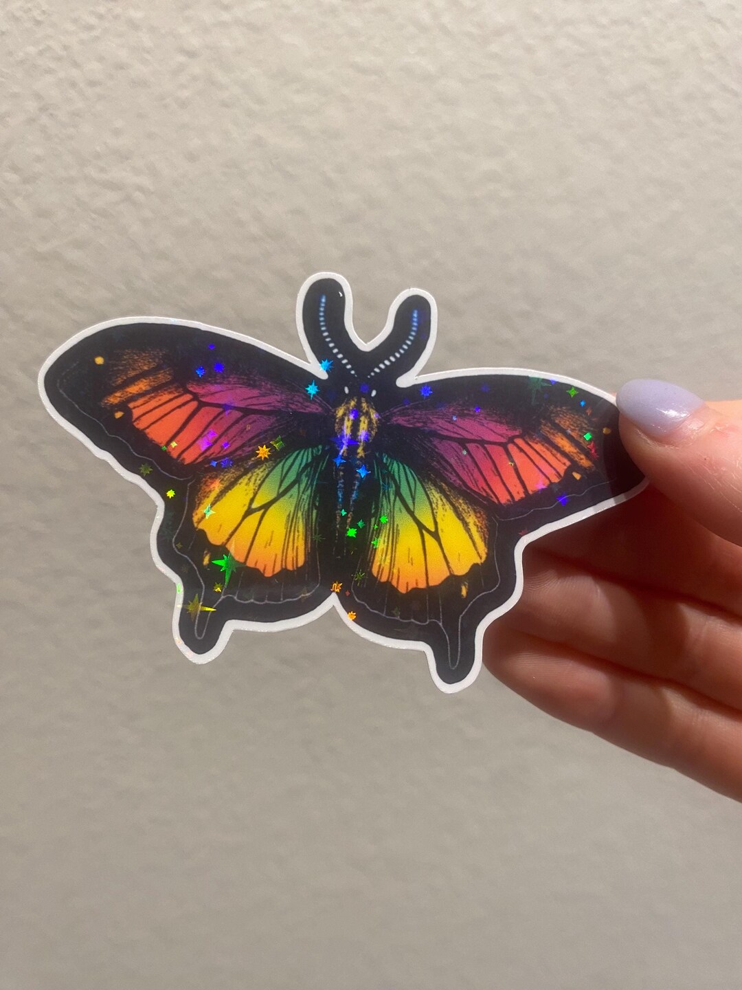 Rainbow Moth Holographic Vinyl Sticker - Black Accents, Starry Effect ...