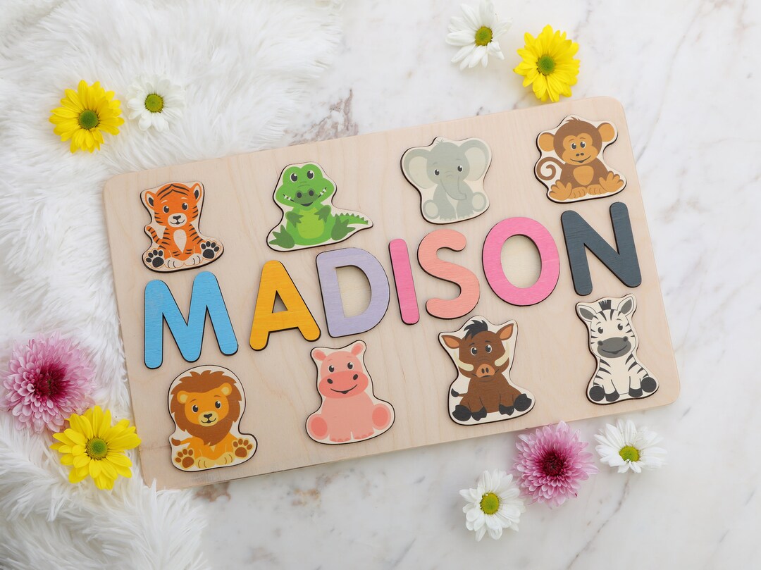 Safari Animals Name Puzzle, Baby Boy Gift, Name Puzzle, Wooden Busy ...