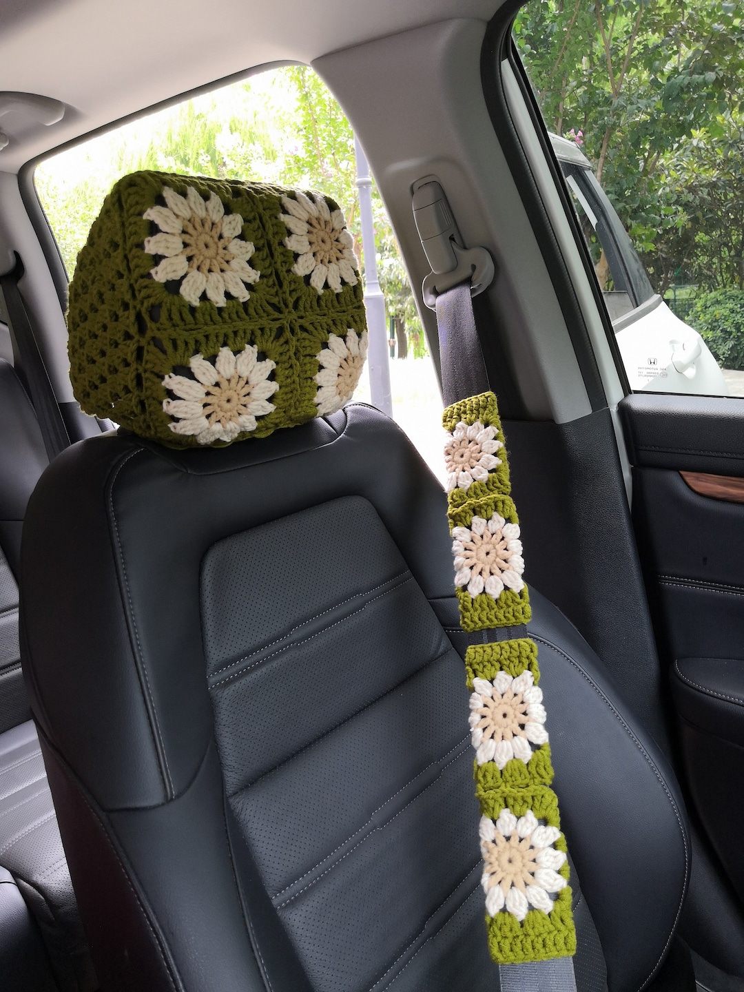 Crochet Sunflower Car Accessory Set: Steering Wheel Cover & Headrest ...