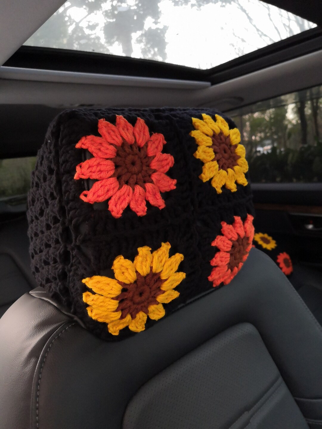 Crochet Sunflower Car Headrest Cover: Handmade Auto Accessory - Etsy