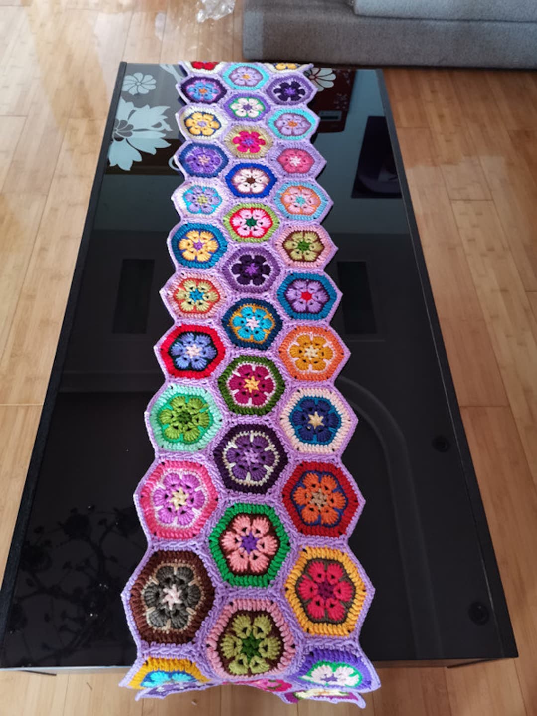 Handmade Crochet Table Runner: Granny Square Floral Design, 45.3 Inch ...