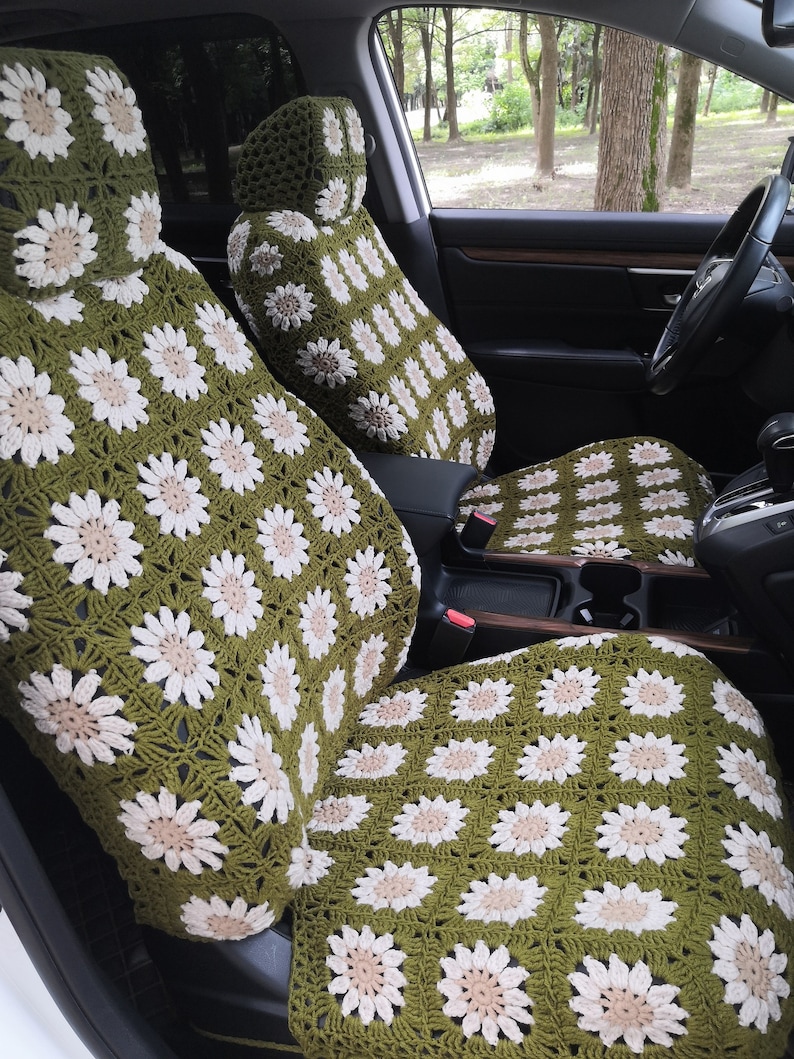Crochet Sunflower Car Seat Cover Set: Handmade Auto Interior ...