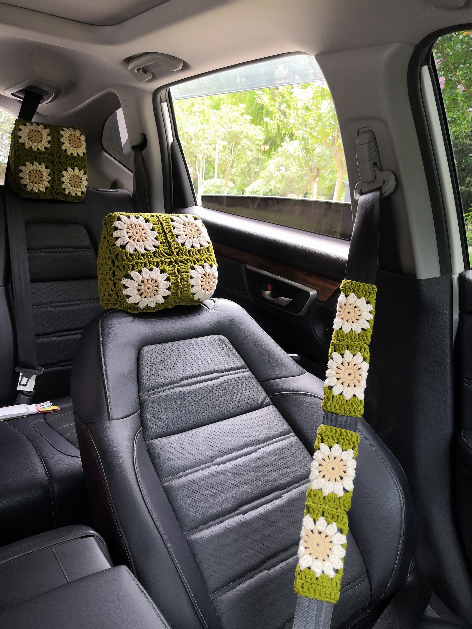 Crochet Sunflower Car Accessory Set: Steering Wheel Cover & Headrest ...