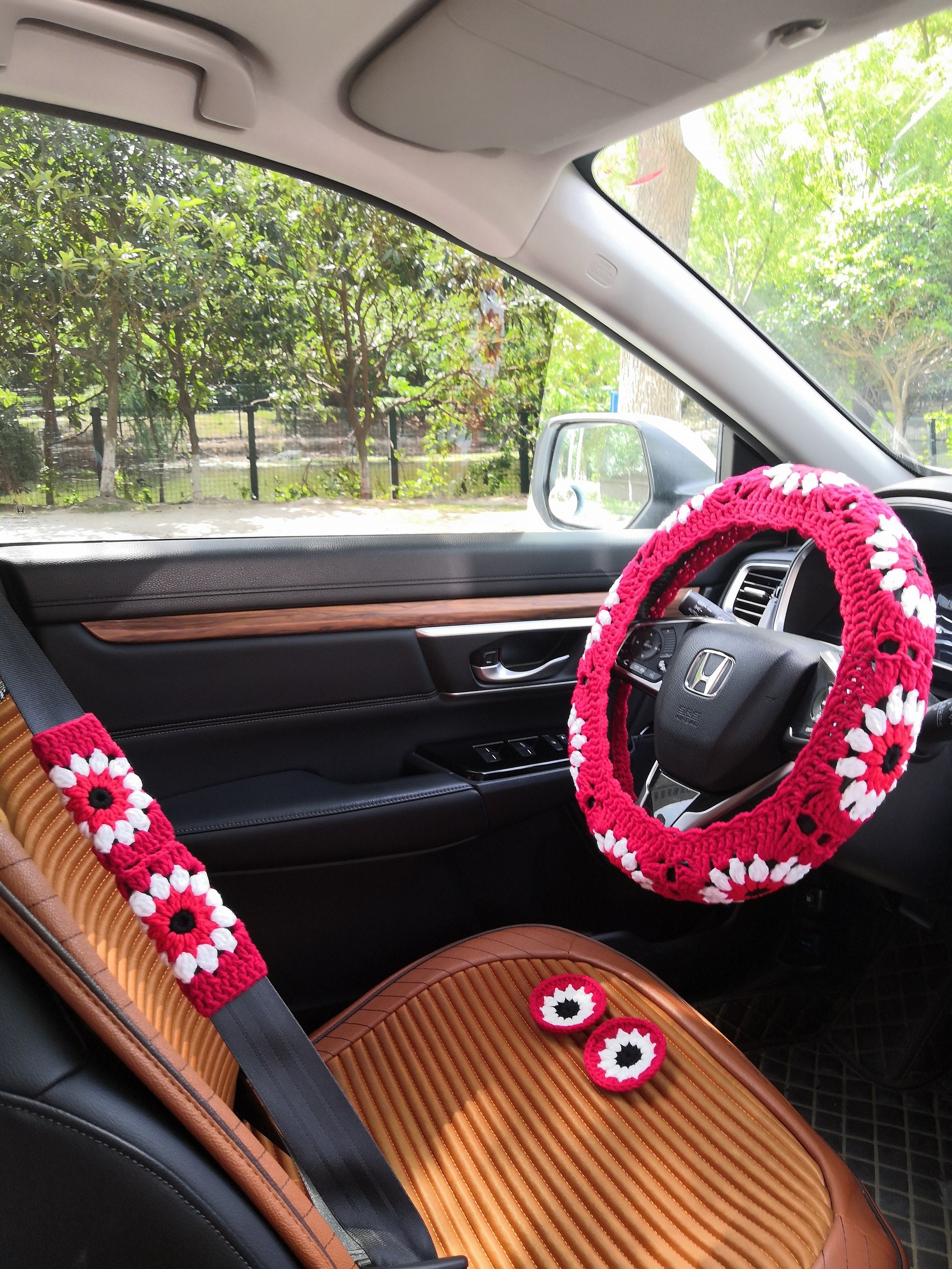 Crochet Evil Eye Car Accessory Set: Steering Wheel Cover, Seat Belt ...