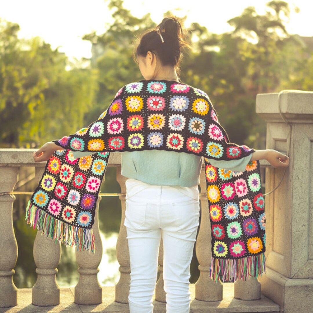 Crochet Scarfgranny Square Scarf, Boho Scarf, Rainbow Scarf, Hippie ...