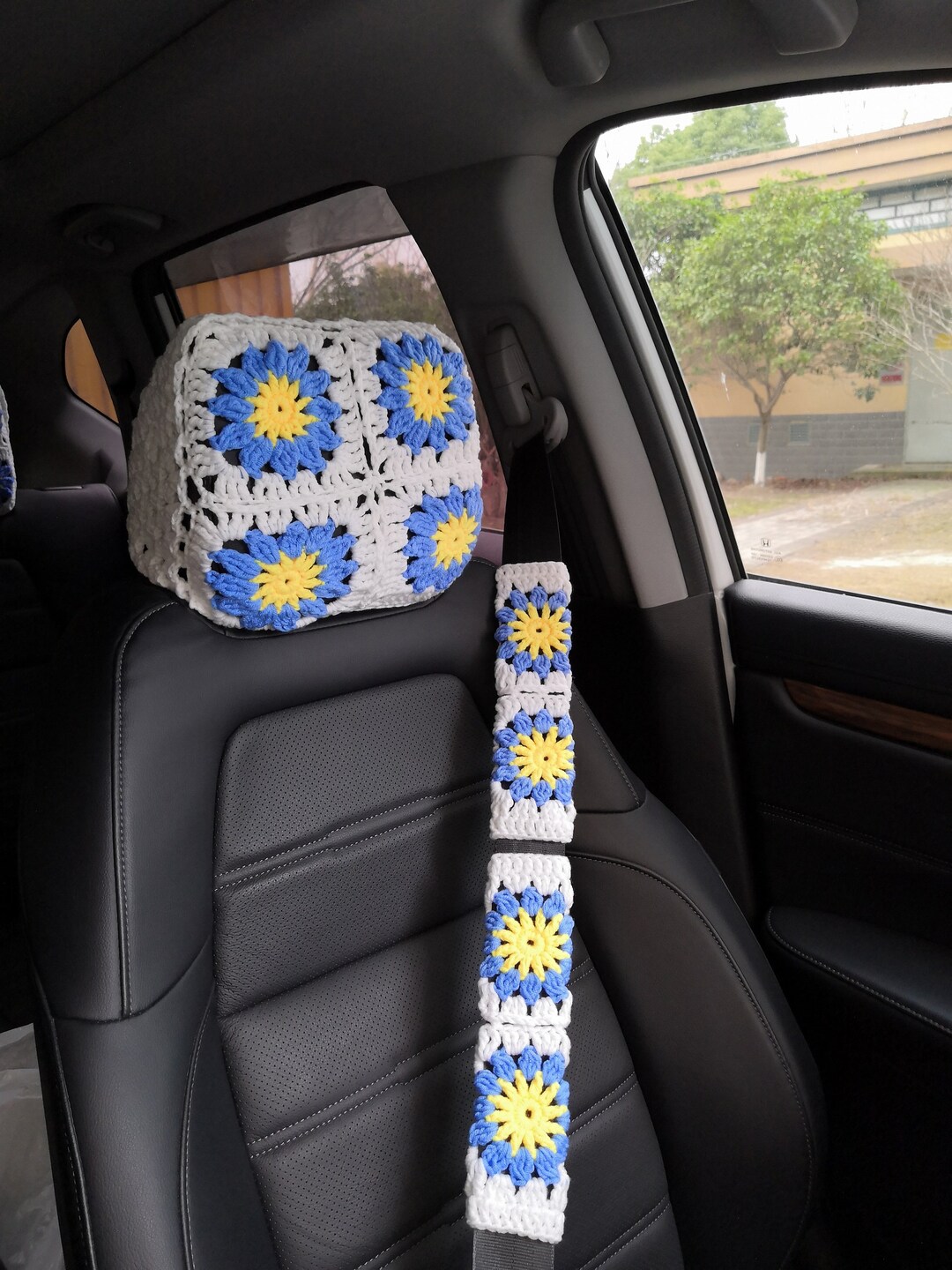 Crochet Sunflower Car Headrest Cover: Handmade Auto Decor - Etsy