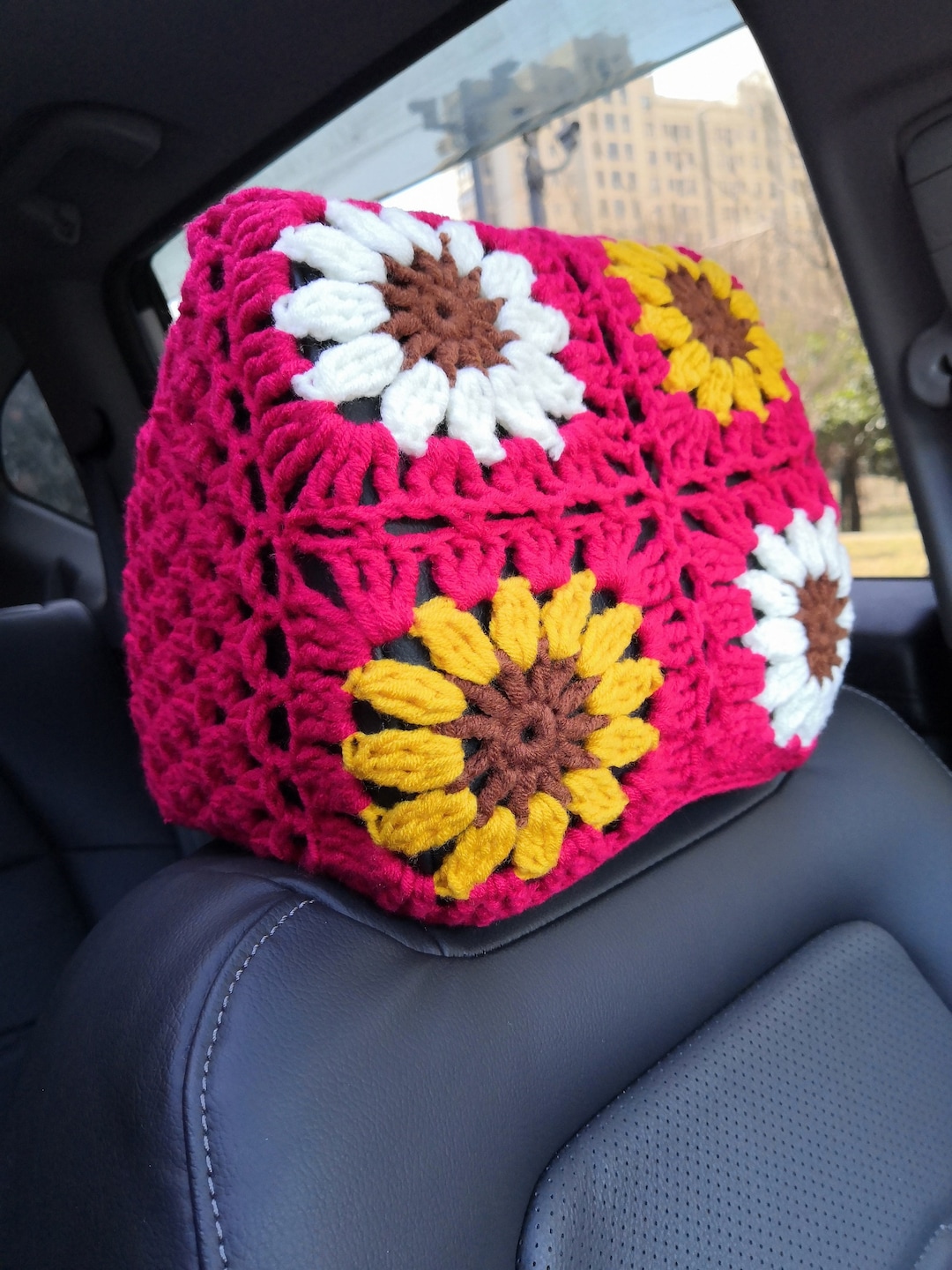 Crochet Sunflower Car Headrest Cover: Handmade Auto Decor - Etsy
