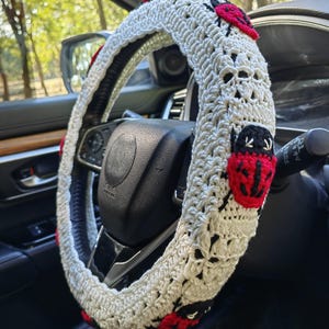 Crochet Ladybug Steering Wheel Cover: Cream White Car Accessory - Etsy