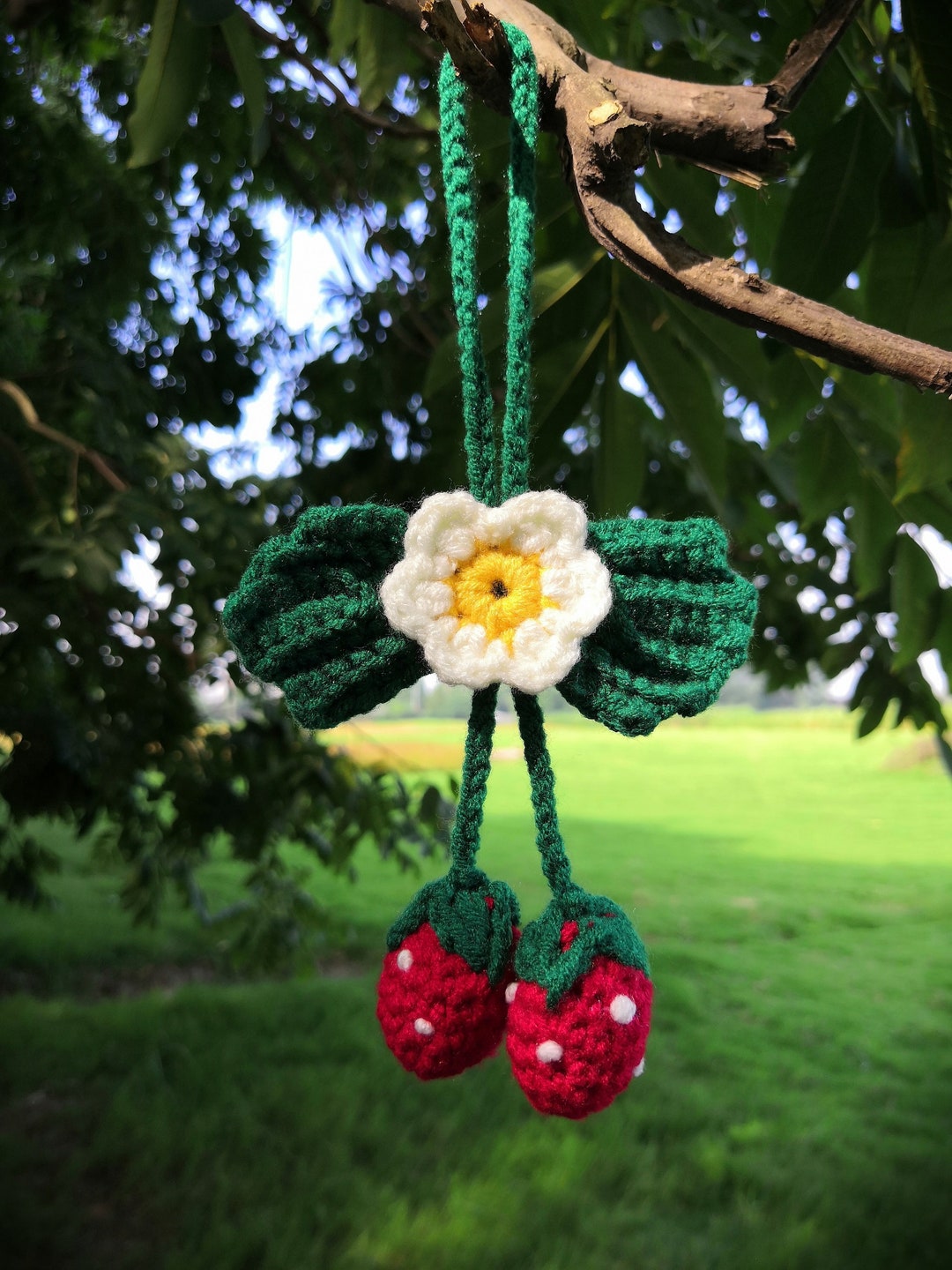 Car Mirror Hanging Cute Strawberry, Crochet Knitting Flower Rear View ...
