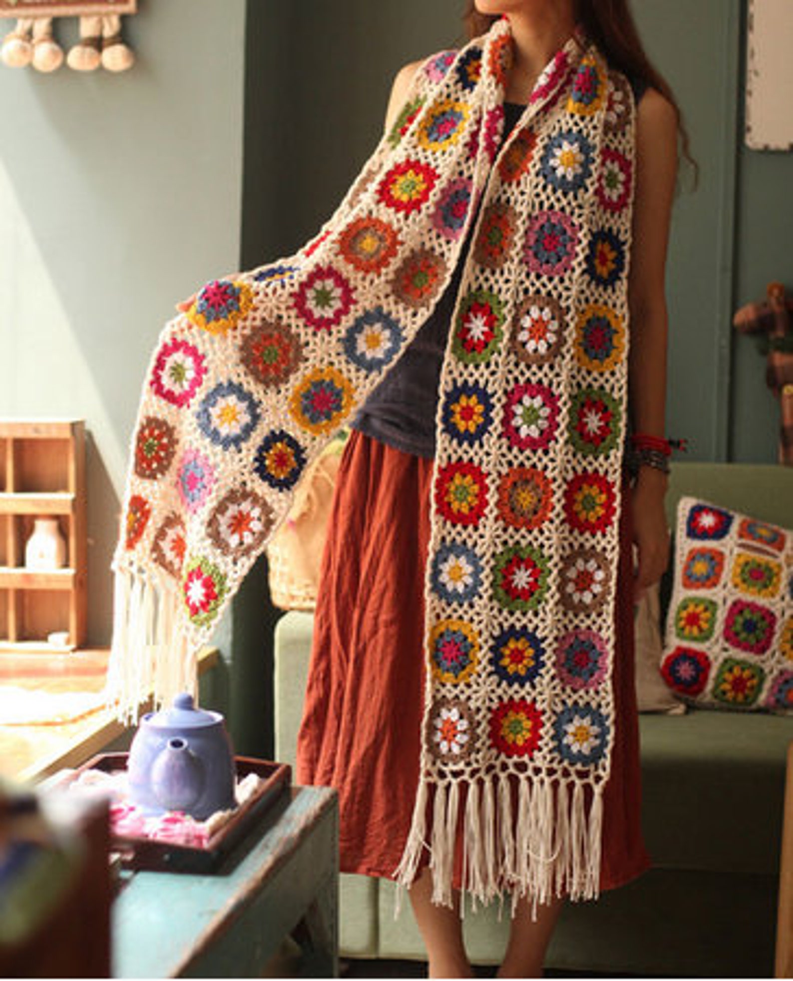 Crochet scarf granny square scarf Afghan Scarfscarf | Etsy