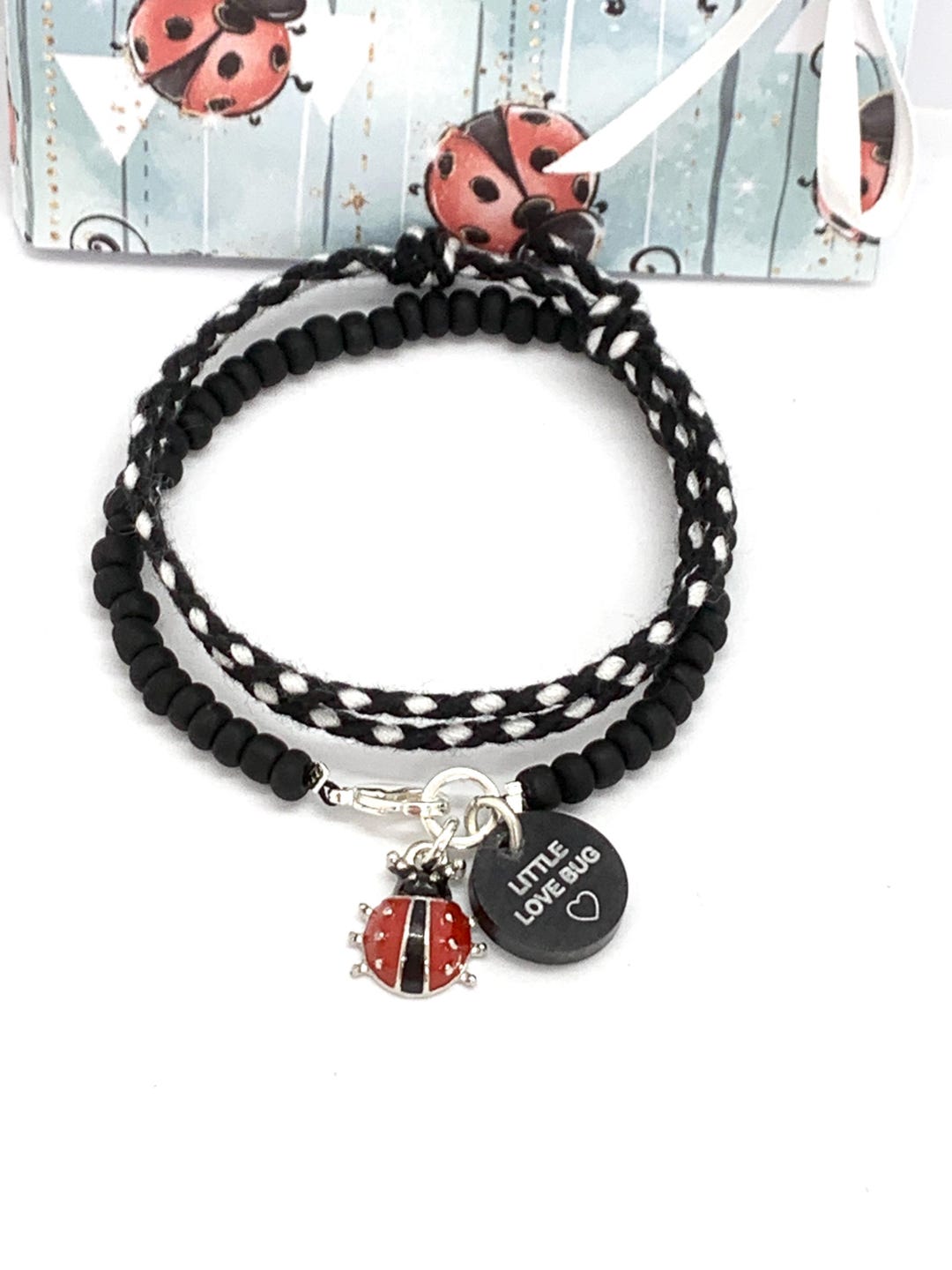 Ladybird Charm Bracelet Set: Beaded & Braided Cord, Adjustable Jewelry ...