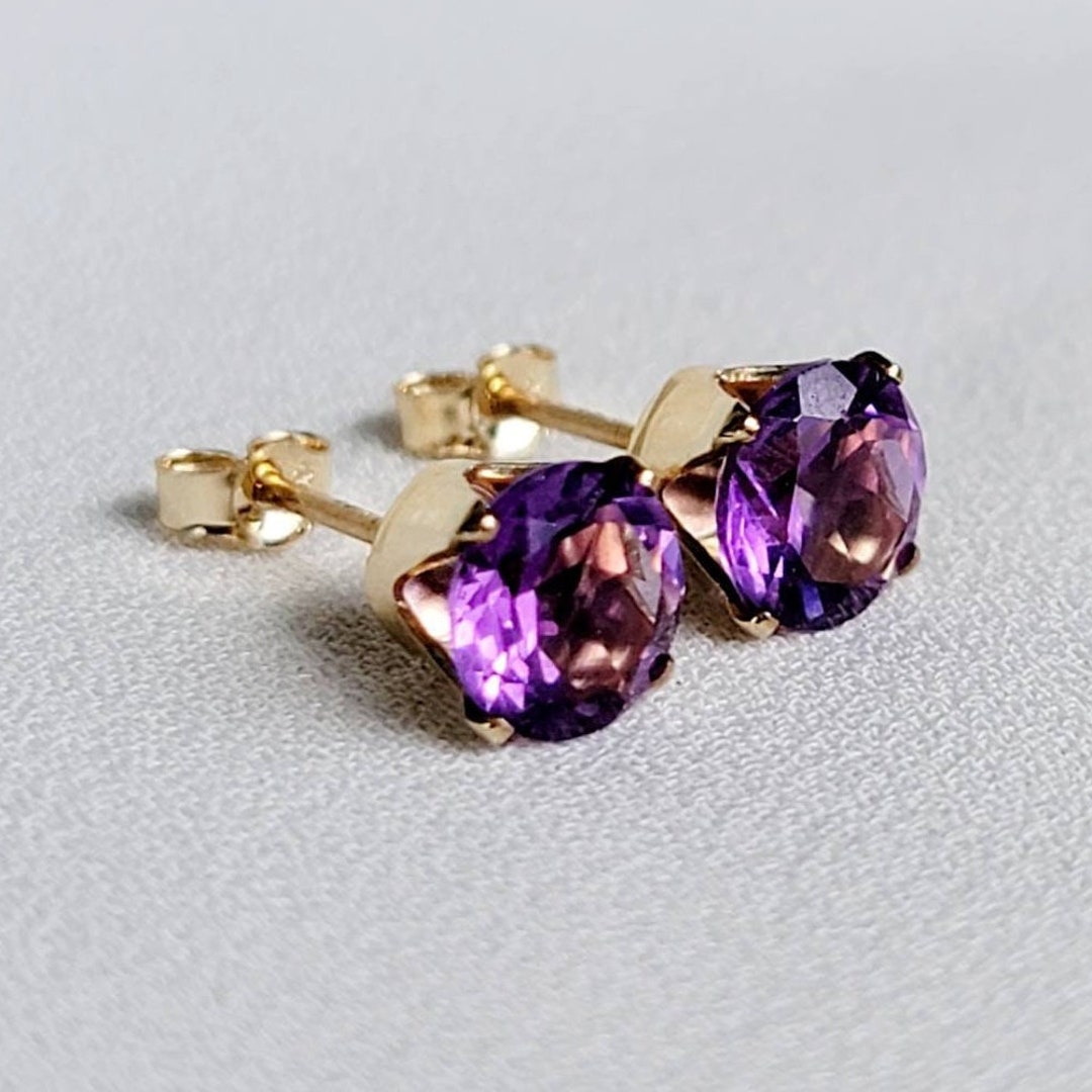 14k Solid Gold Amethyst Stud Earrings - 14k Gold Filled Genuine Amethyst Gemstone Stud Earrings ...