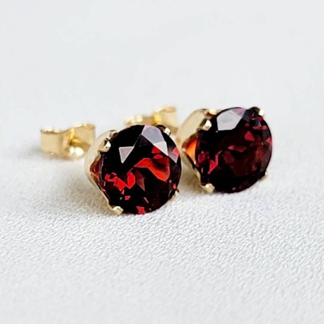 14k SOLID Gold Red Garnet Stud Earrings - 14k Gold Filled Garnet ...