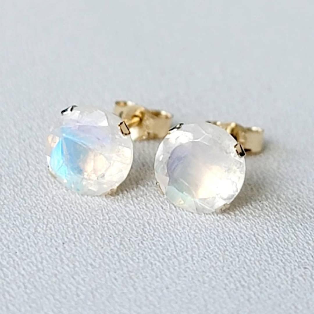 14k SOLID Gold Rainbow Moonstone Stud Earrings - 14k Gold Filled ...