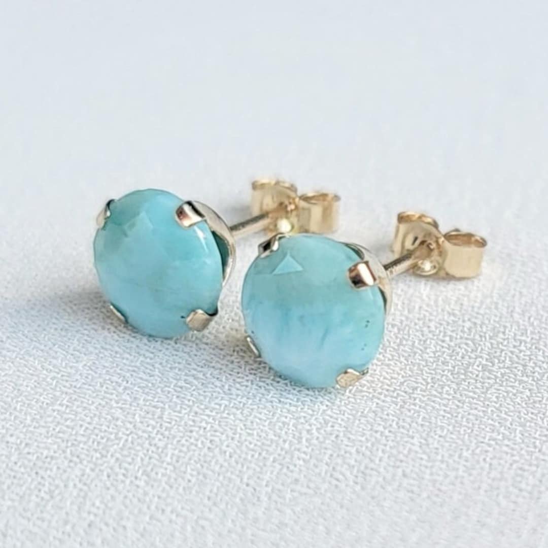 14k SOLID Gold Larimar Stud Earrings - 14k Gold Filled Larimar Gemstone Stud Earrings - 925 ...